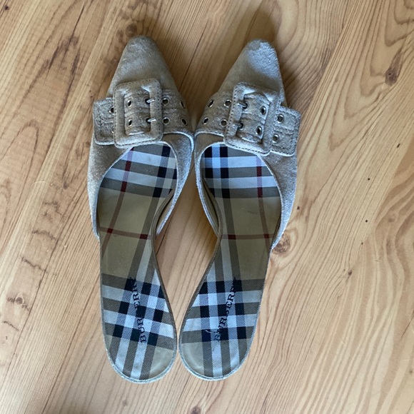 Burberry | Shoes | Burberry Suede Buckle Kitten Heel Mules Cream Color ...